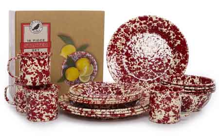 Crow Canyon 16 Piece Enamelware Dinnerware Gift Set, Burgundy on Cream ...