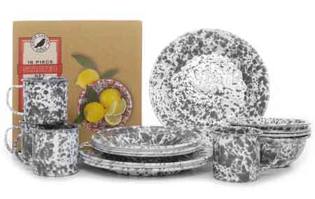 Crow Canyon 16 Piece Enamelware Dinnerware Gift Set, Grey Marble ...