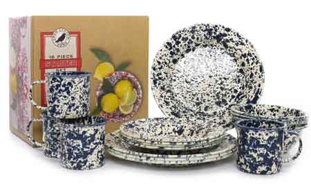 Crow Canyon 16 Piece Enamelware Dinnerware Gift Set, Navy on Cream ...