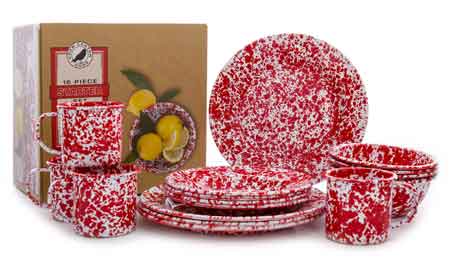 Crow Canyon 16 Piece Enamelware Dinnerware Gift Set, Red Marble ...